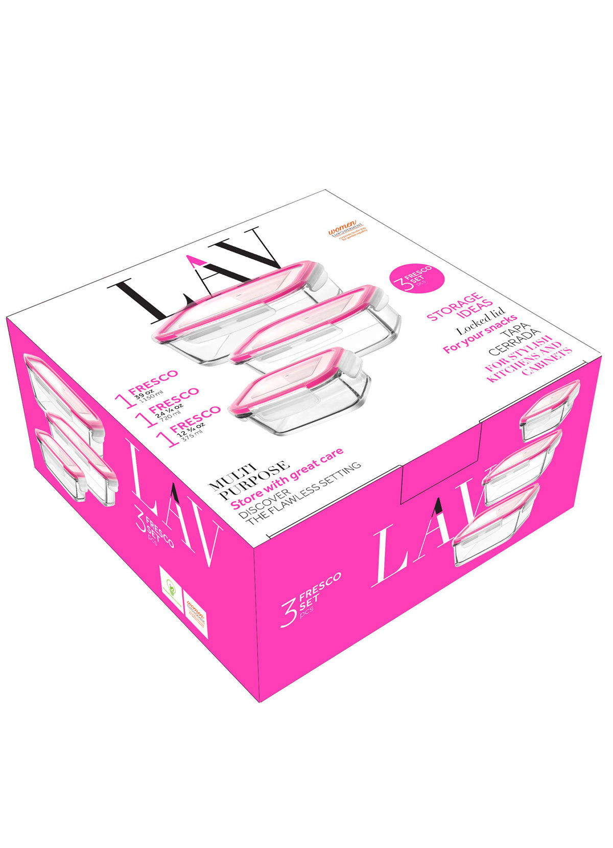 LAV Fresco 3-Piece Glass Food Storage Containers Set with Pink Locking ...