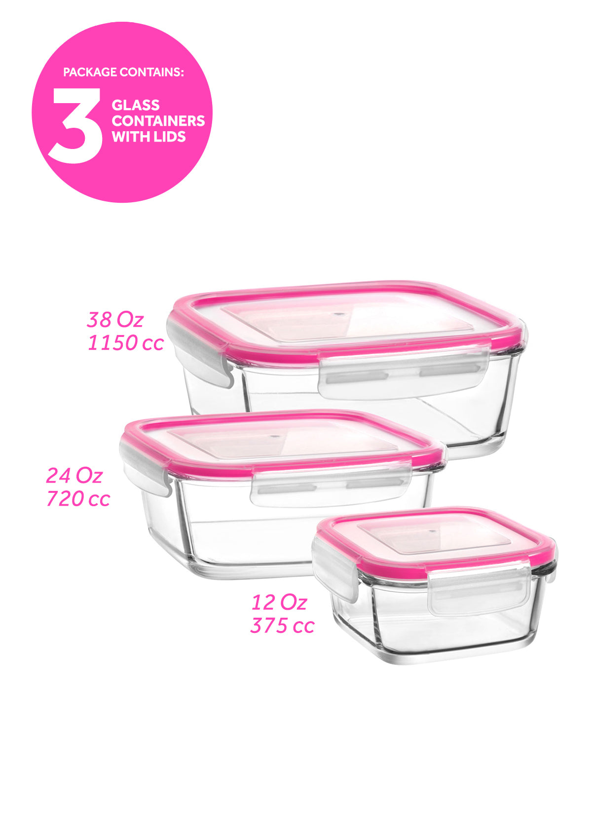 LAV Fresco 3-Piece Glass Food Storage Containers Set with Pink Locking ...